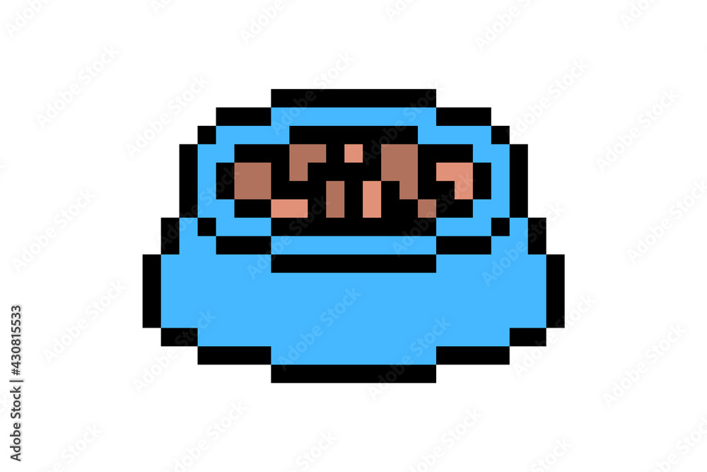Blue bowl with pet food, pixel art icon isolated on white background ...