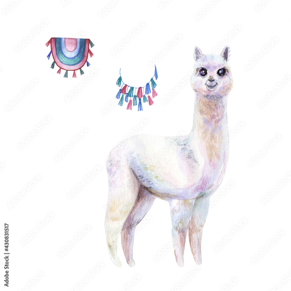 Watercolor hand painted alpaca with traditional accessories. Cute ...