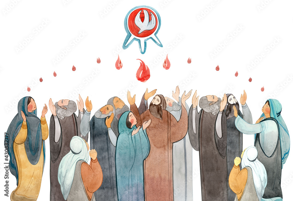 Watercolor illustration Descent of the Holy Spirit on the Apostles ...