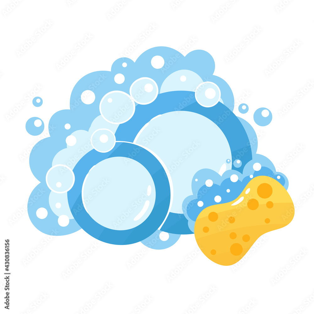 Cute clean plates and sponge with bubbles and foam isolated on white ...