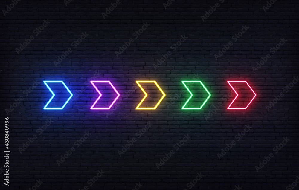 Neon arrow sign. Set of colorful futuristic glowing neon arrow pointer ...