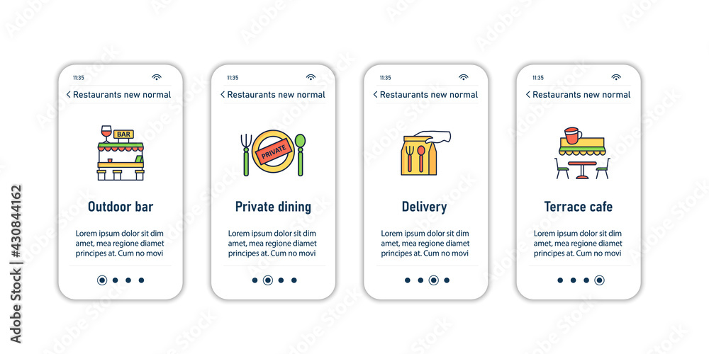 Restaurant new normal onboarding mobile app screens. Regulation through ...
