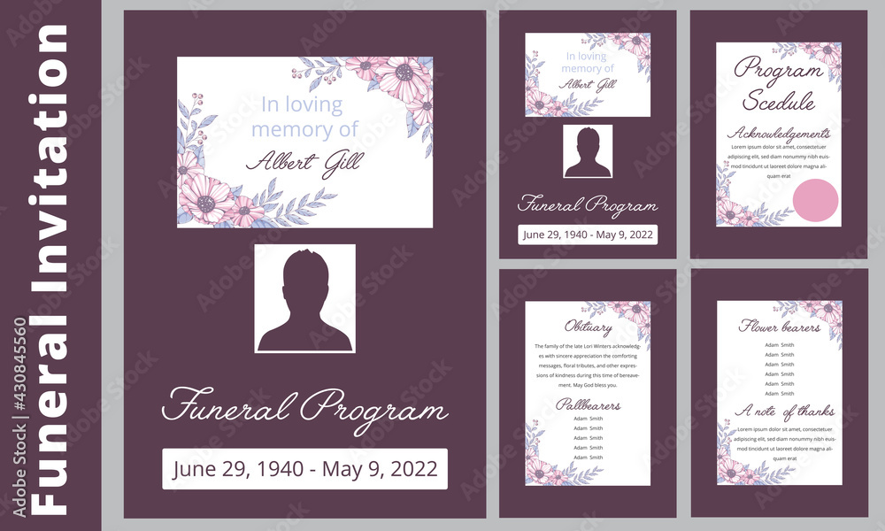 Floral memorial and funeral invitation card template design, cherry ...