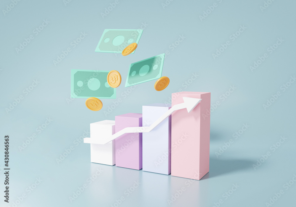 Coin money floating Development white graph growth concept of each step ...