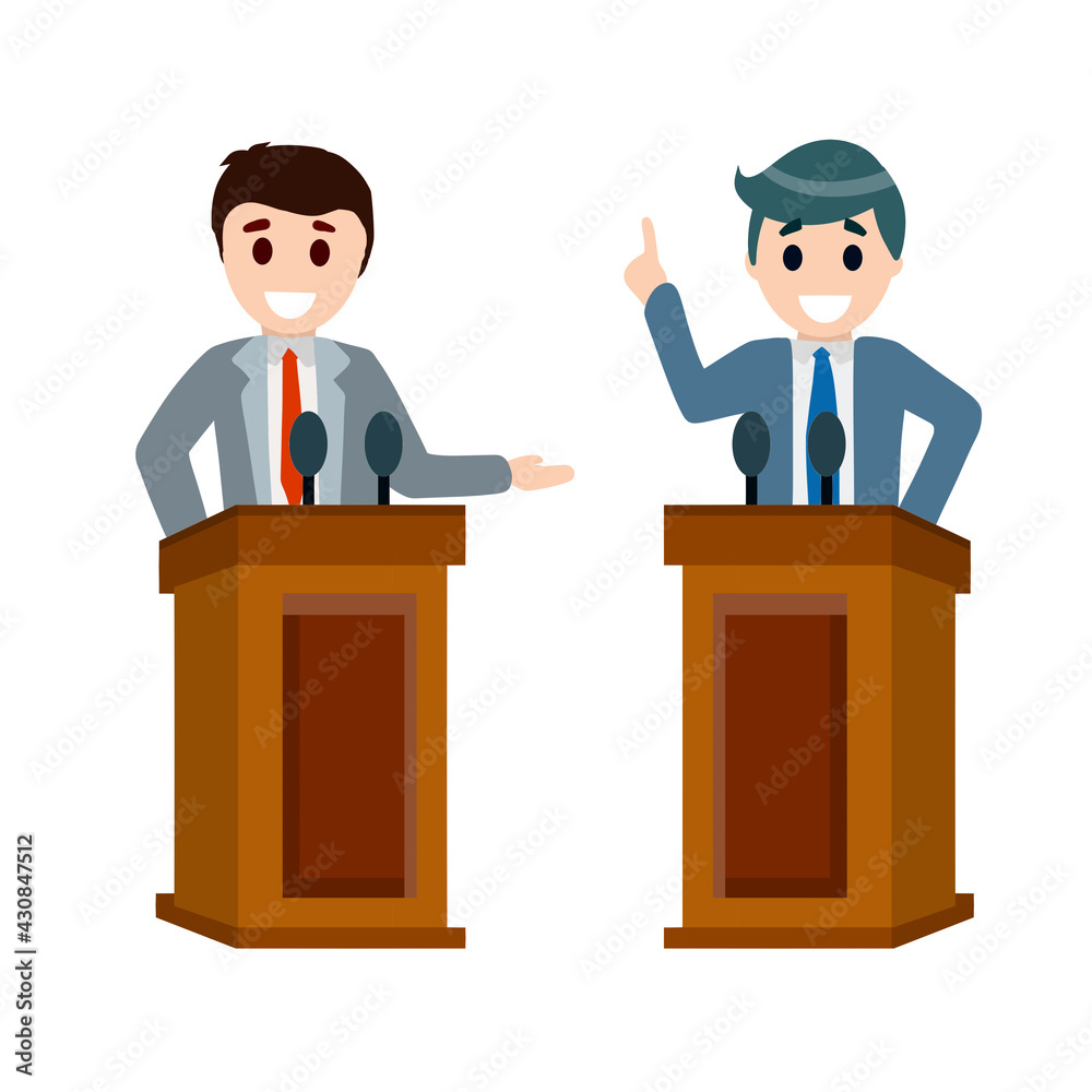 Political debate between two candidates. Grandstand and stand. Dialogue ...