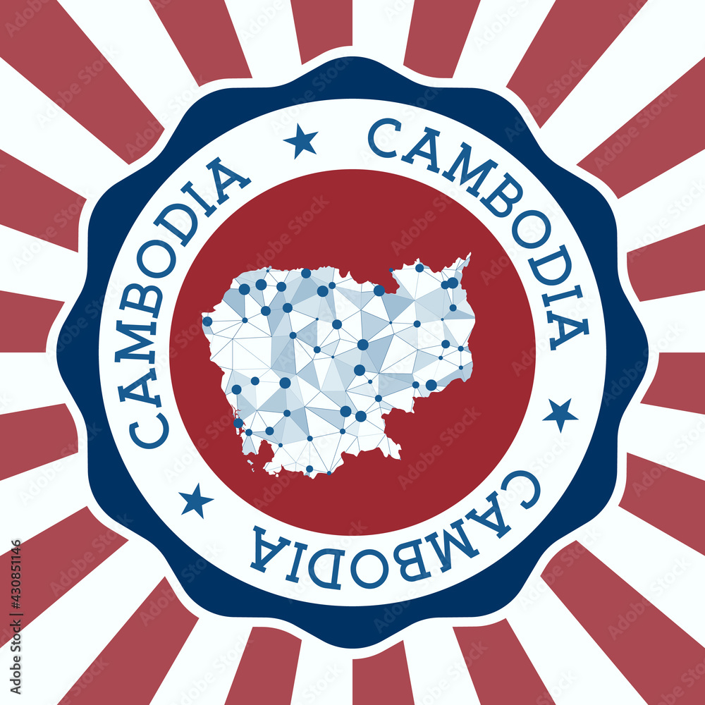 Cambodia Badge. Round logo of country with triangular mesh map and ...