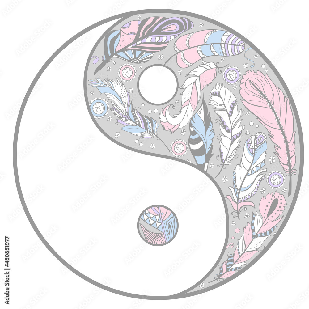 Yin and Yang. Zentangle. Hand drawn mandala with feathers on isolation ...