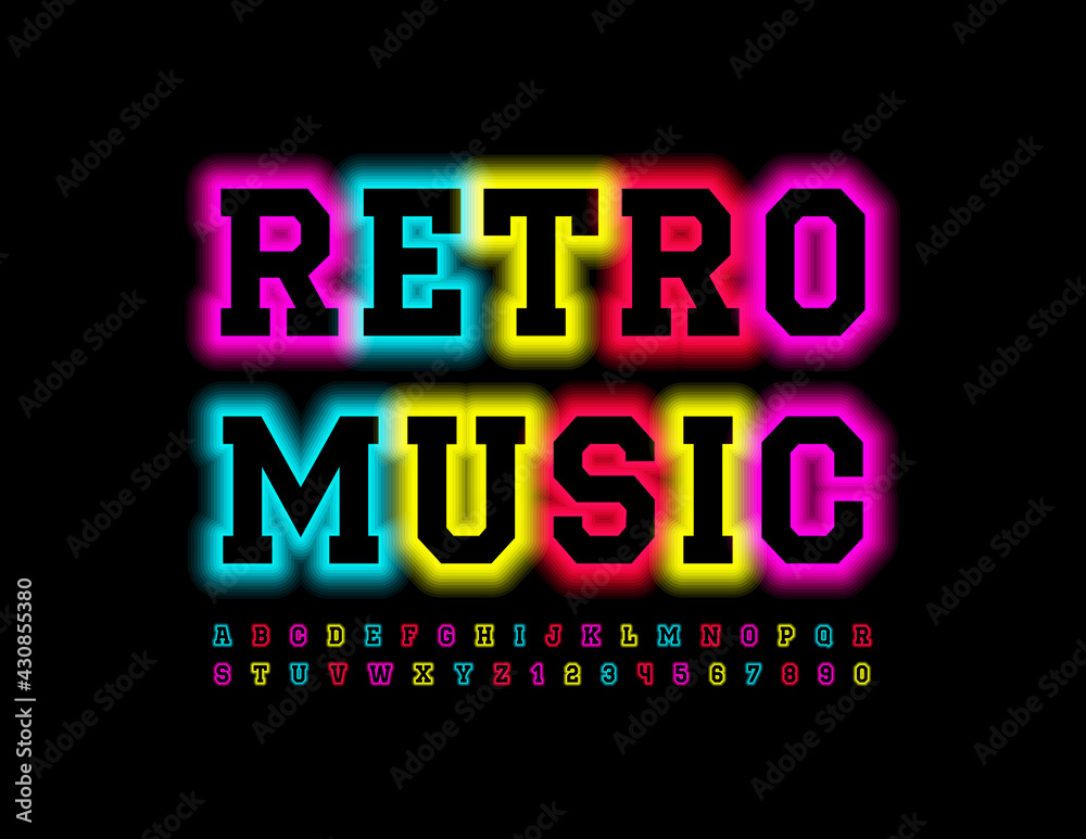Vector bright poster Retro Music with glowing Font. Neon Alphabet ...