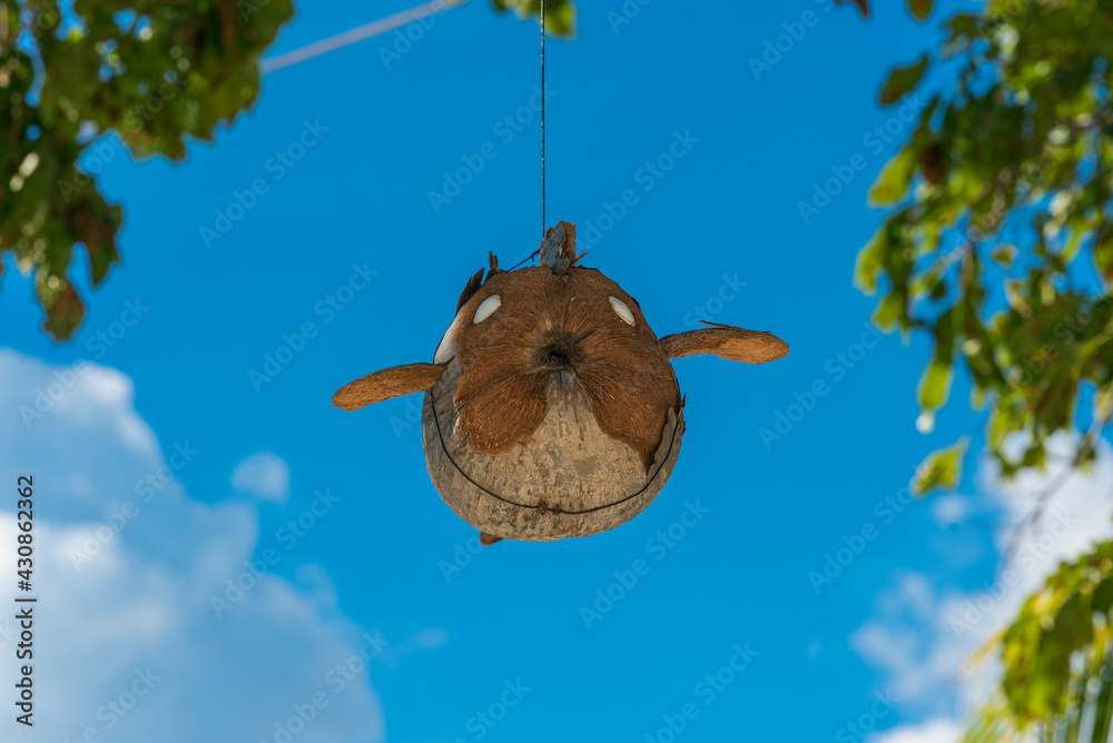 Flying fish carved from a coconut hangs as a wind chime on the beach of ...