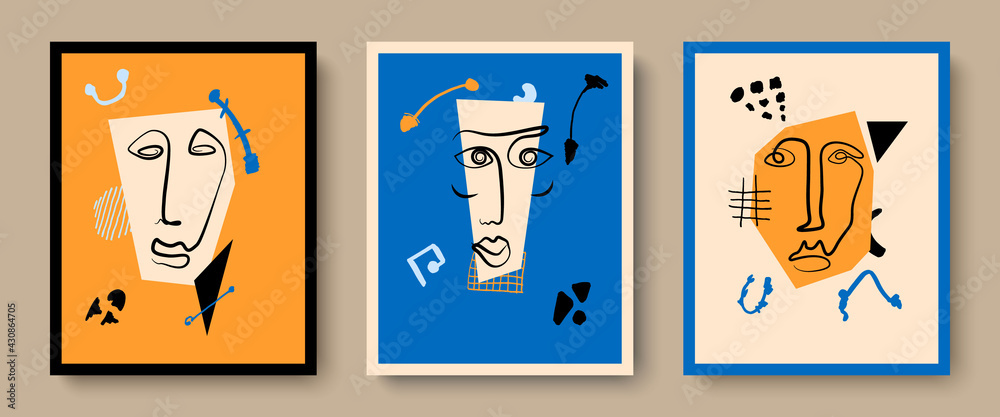 Creative abstract design cards with freehand elements, faces in ...