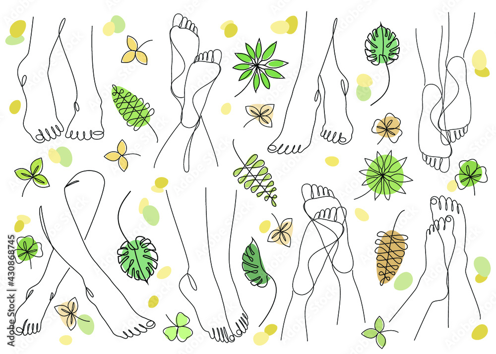 Collection. Silhouettes of human legs and leaves in a modern one line ...