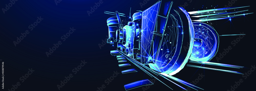 Train wheels on rails, wagon of freight train on the blue background ...