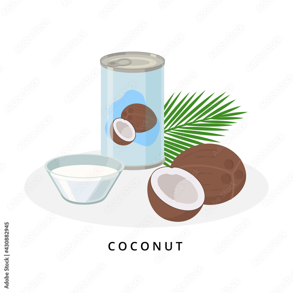 Coconut milk in can and bowl. Plant milk, vegan milk concept. Vector ...