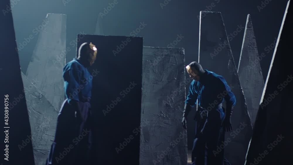 Mystic footage of metal masked man . Epic scene of people with triangle ...