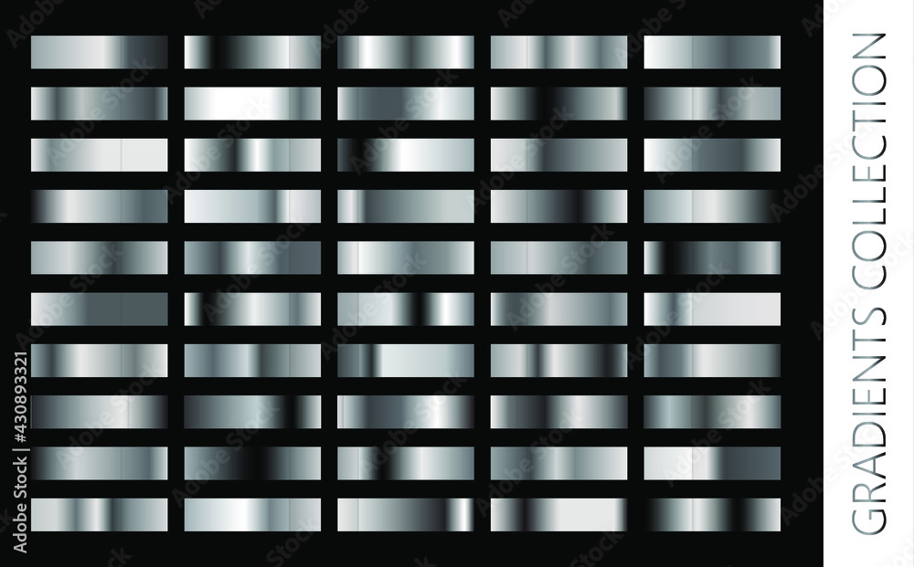 Silver metal gradient collection and foil texture set. Shiny vector ...