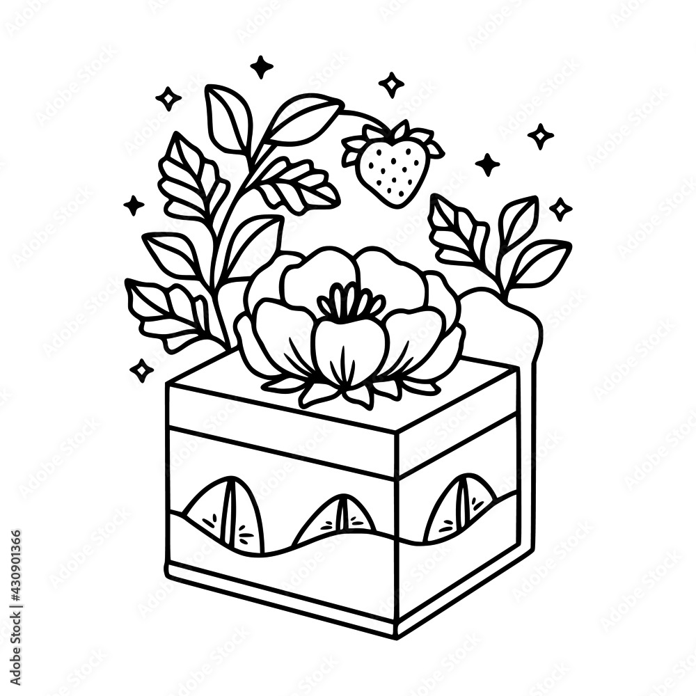 Cute cake, pastry, pudding, bakery elements with rose, peony flower ...