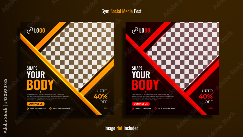 Gym and fitness social media post design pack with yellow and red color ...