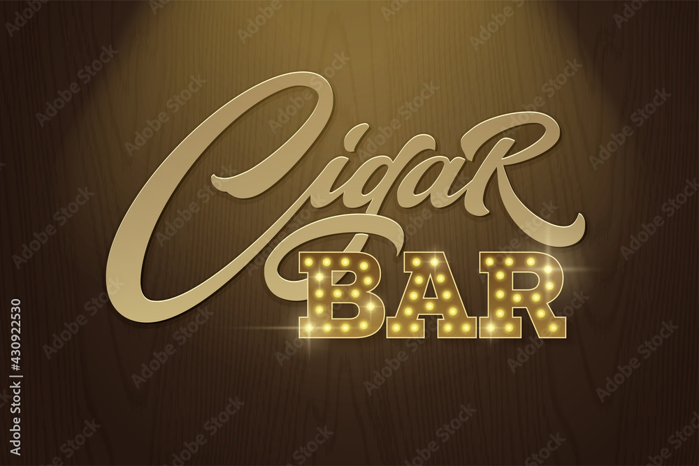 Lettering Cigar Bar in retro style on background of dark brown wood ...