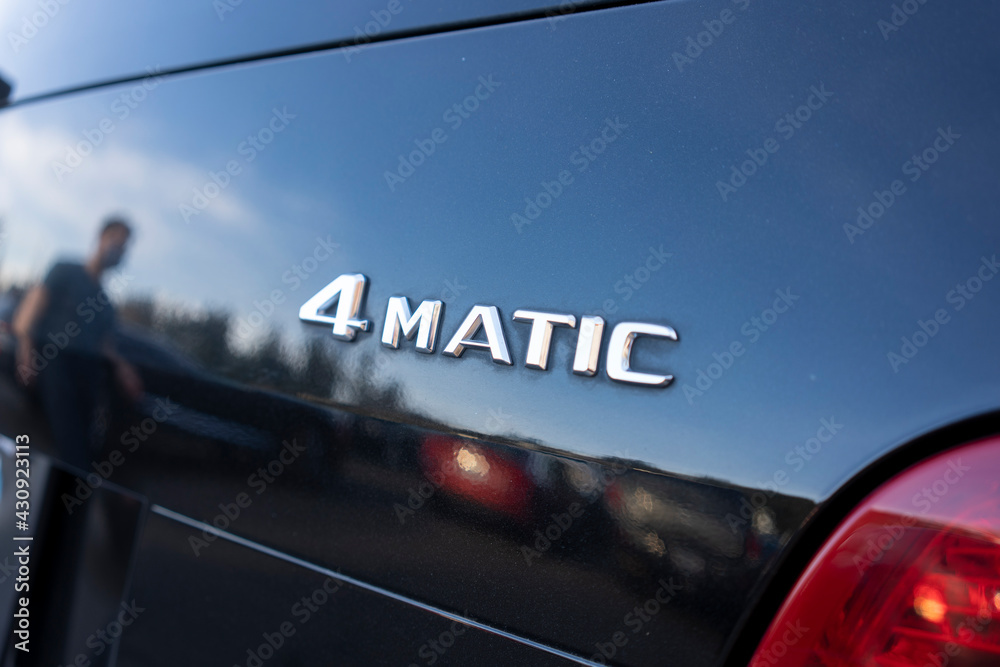 Tigard, OR, USA - Mar 13, 2021: Closeup of the 4MATIC logo seen at the ...
