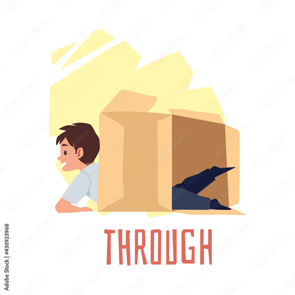 Preposition place through with boy who use carton box demonstrating it ...