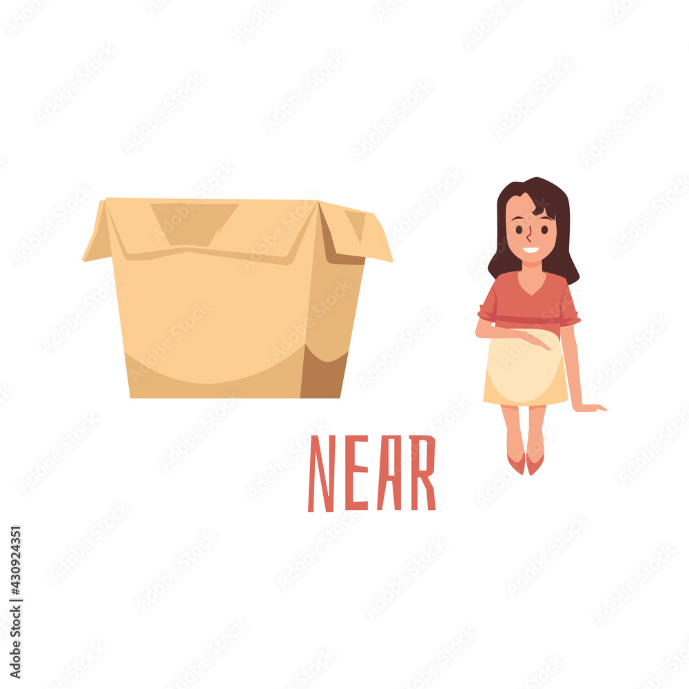 Card for learning NEAR english preposition of place, flat vector ...