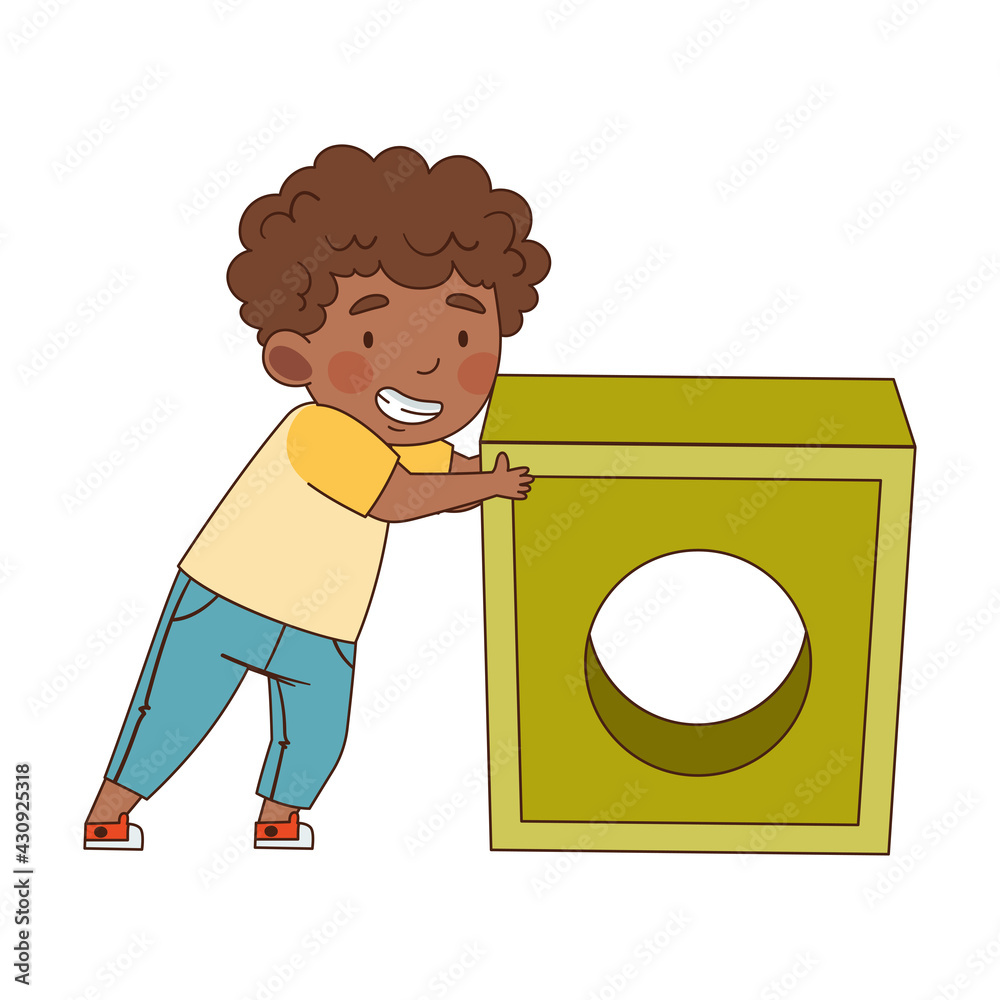 Cute Little African American Boy Playing Pushing Big Toy Block Vector ...