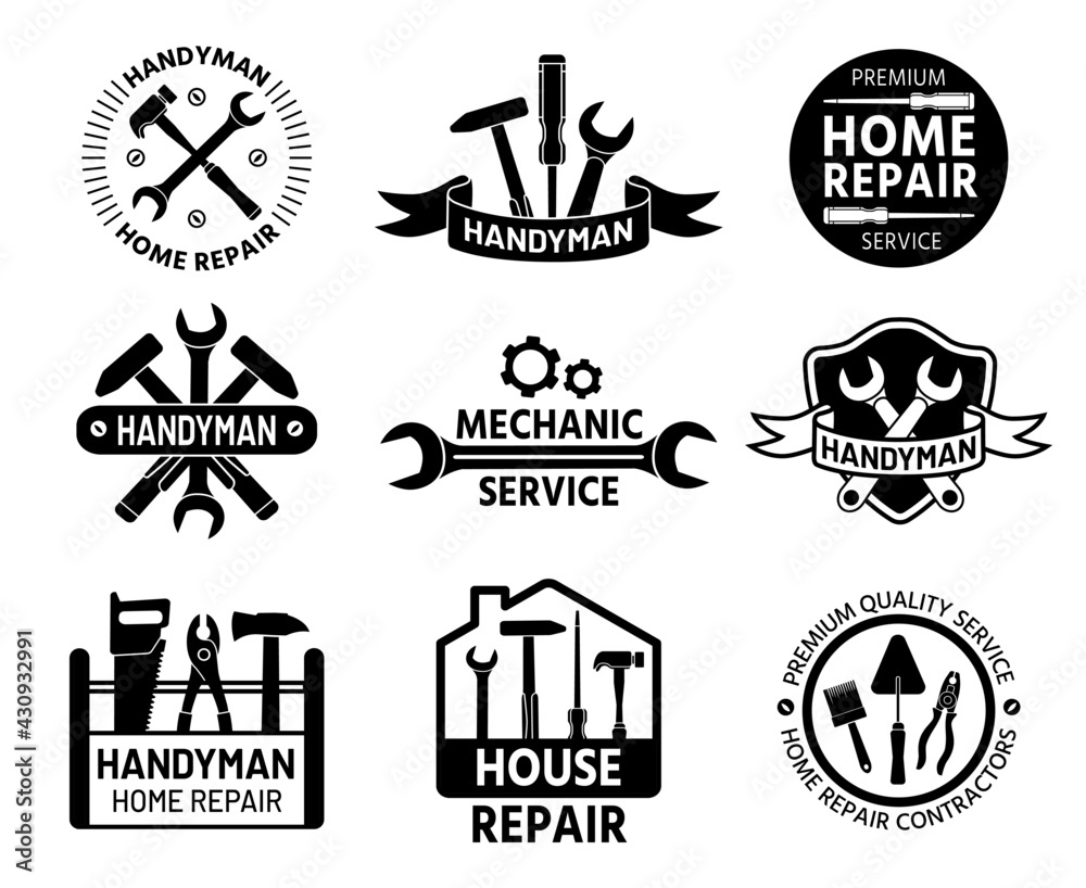 Handyman logo. Mechanic and home repair service logos with construction ...