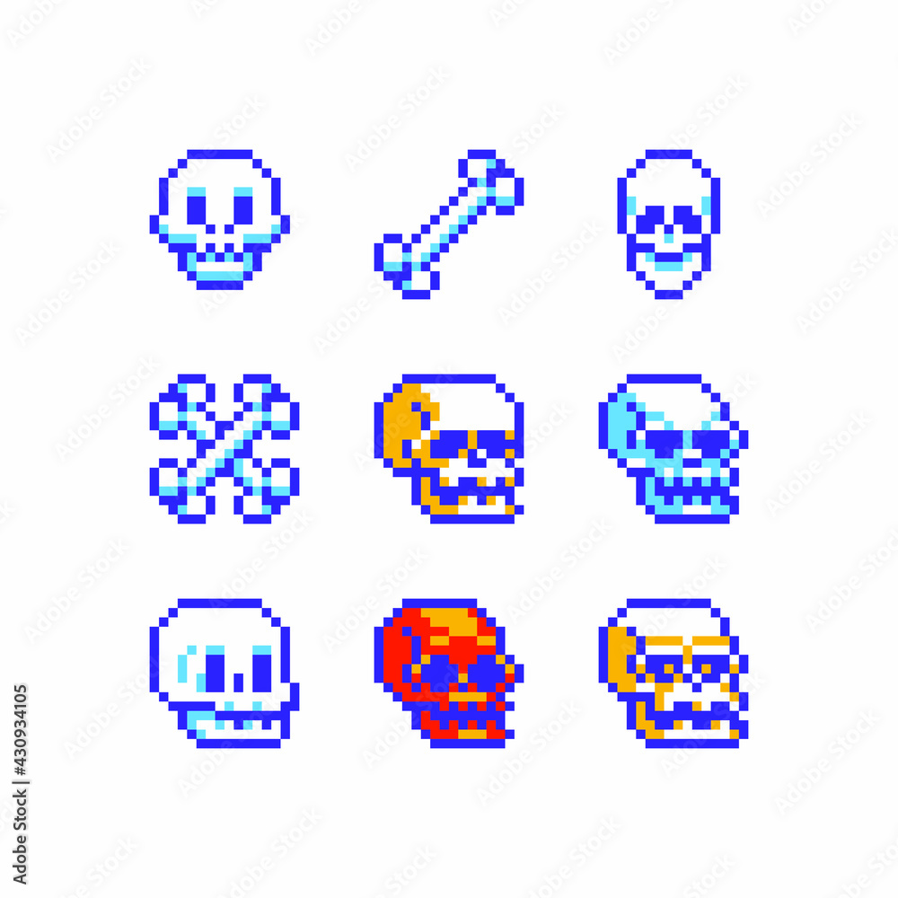 Bones pixel art icons, skull character. Design for logo game, Halloween ...