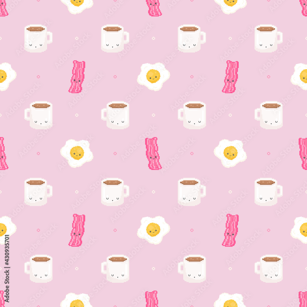 Pixel art english breakfast pattern. Pixel fried egg, beacon strip and ...