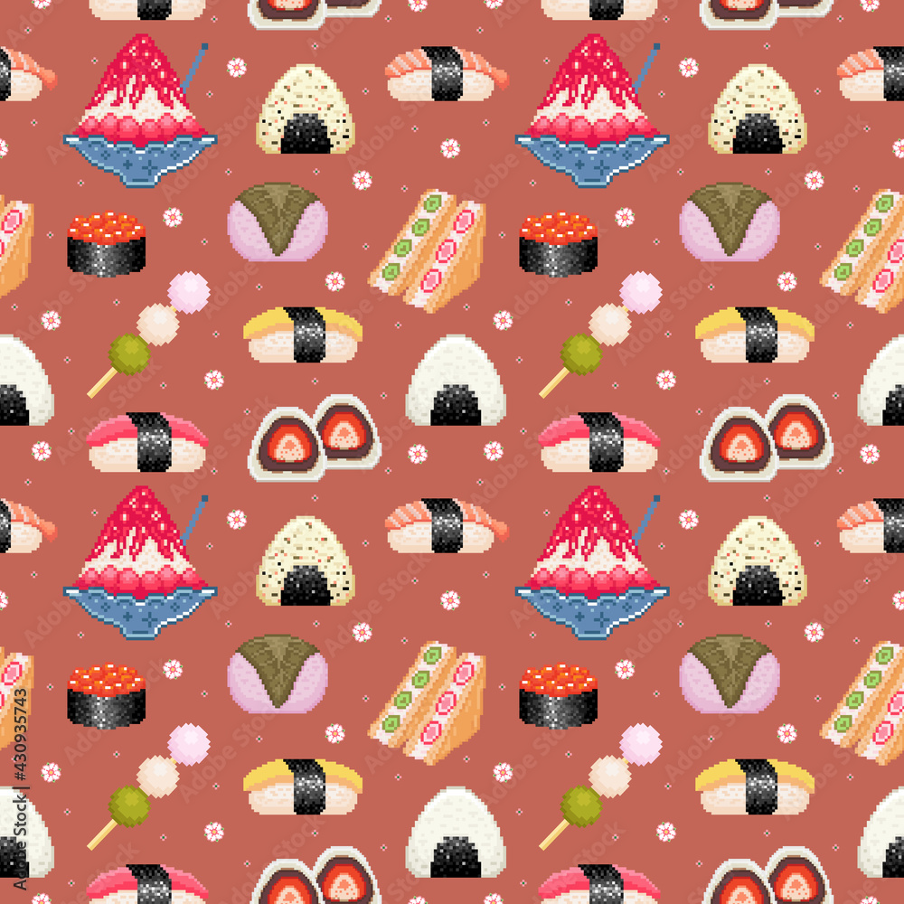 Pixel art sushi seamless pattern. Pixel japanese cuisine retro ...