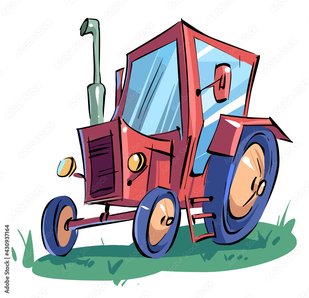 Red cartoon tractor isolated on white background. Heavy agricultural ...
