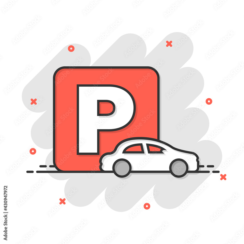 Car parking icon in comic style. Auto stand cartoon vector illustration ...