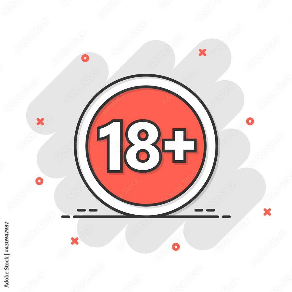18 plus icon in comic style. Adult only cartoon vector illustration on ...