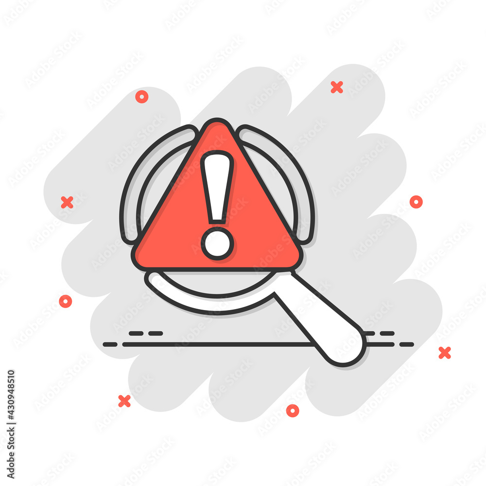 Risk analysis icon in comic style. Exclamation magnifier cartoon vector ...