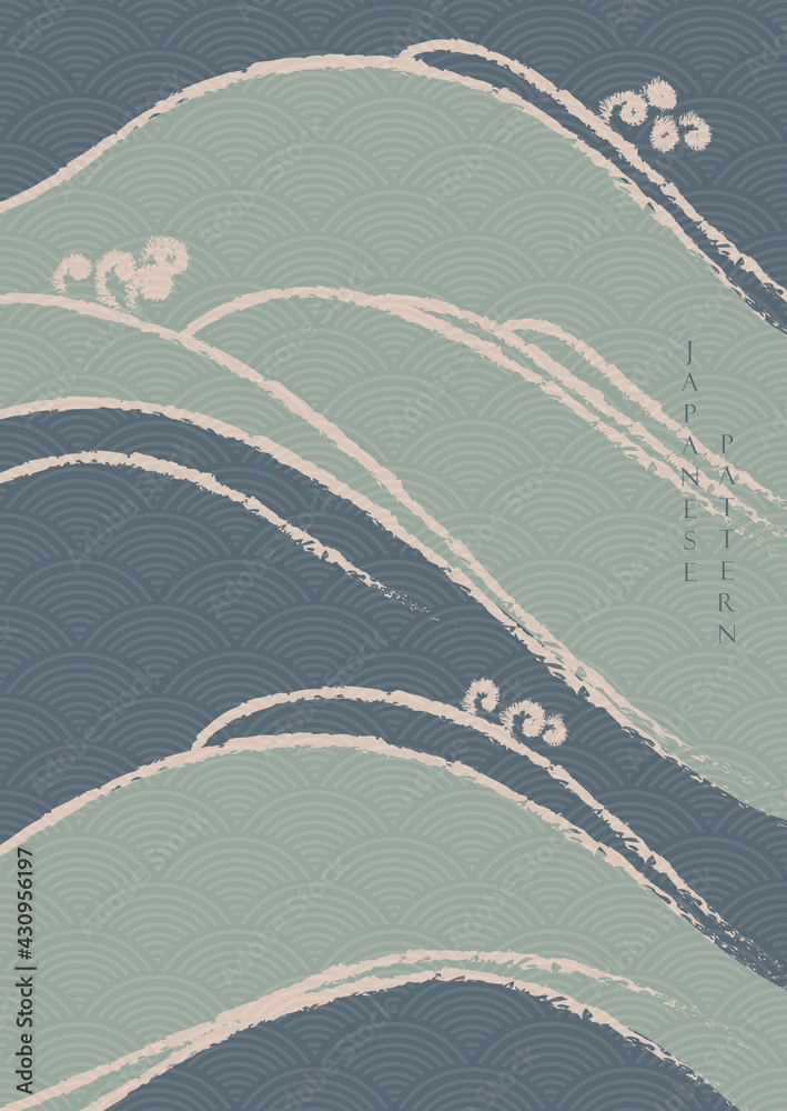 Japanese background with curve shape object vector. Hand draw wave ...