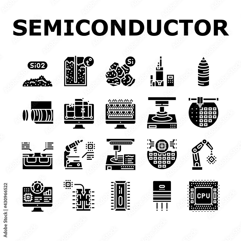 Semiconductor Manufacturing Plant Icons Set Vector. Installation ...
