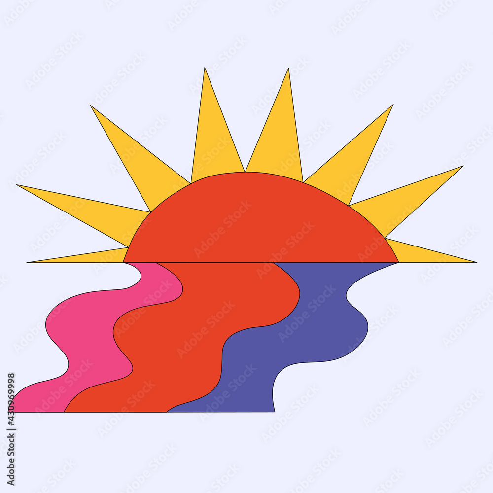 vector sticker sun with rainbow water - hippie style 60s and 70s ...