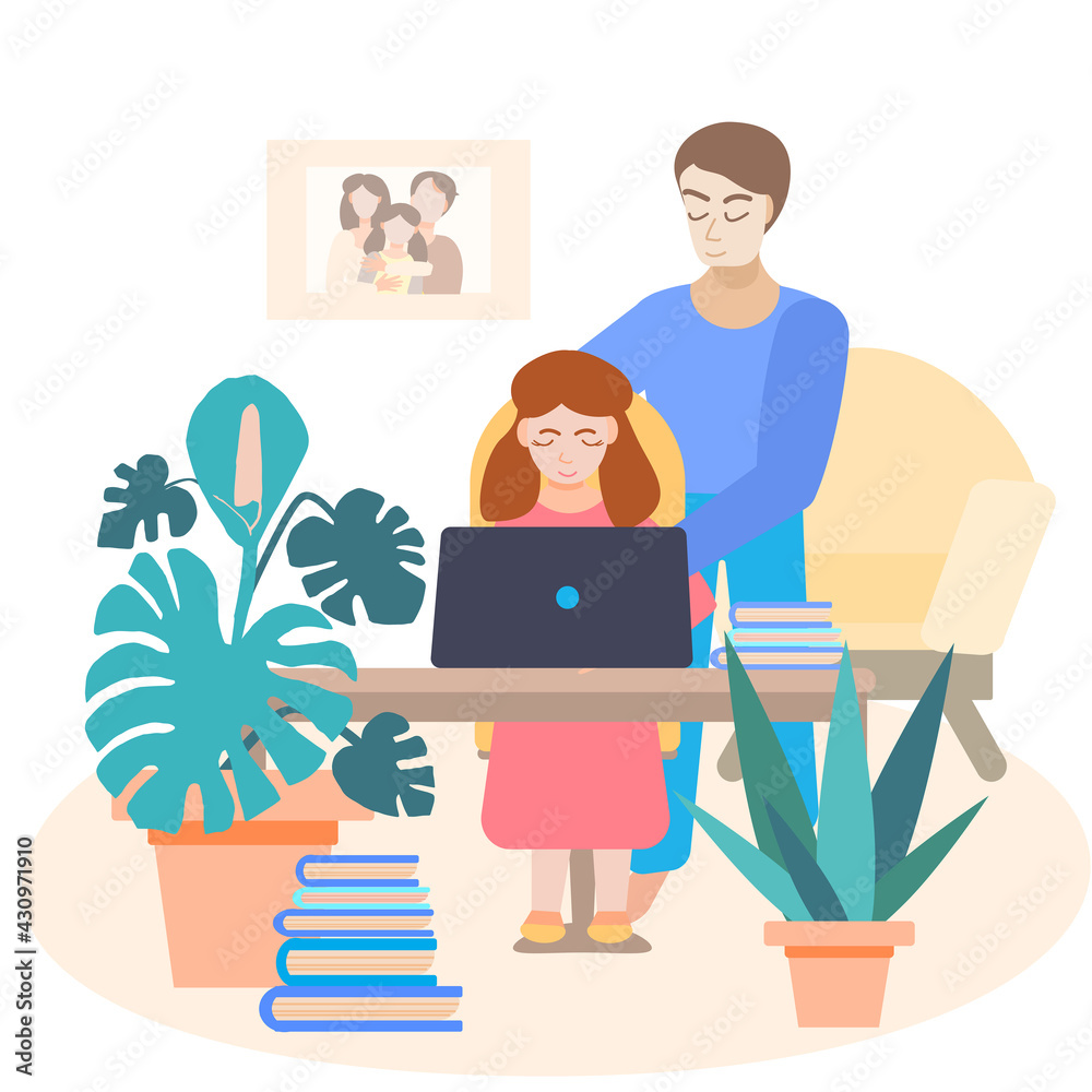 father helps his daughter with her homework on a laptop. Teaching ...