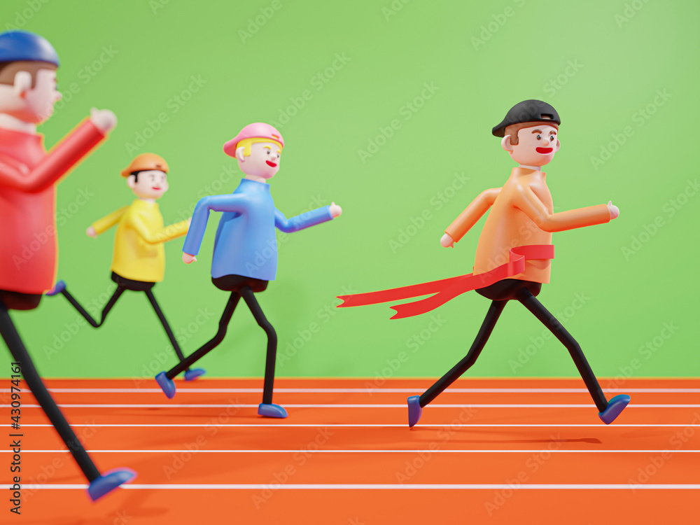 3D Cartoon character running, Marathon participants isolated on a ...
