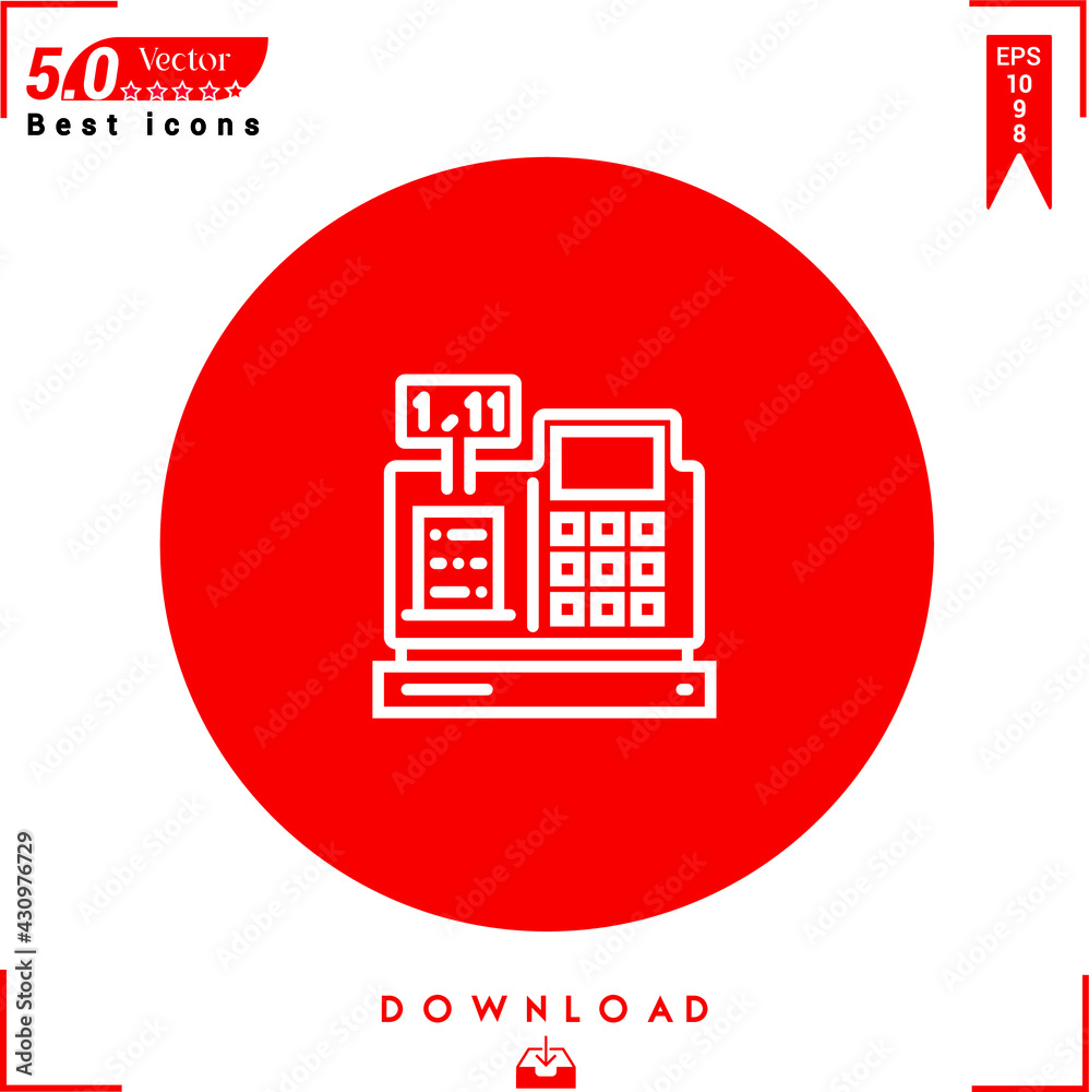 outlines of a white cashier icon isolated on a red background. Line ...