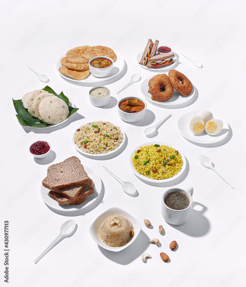 Indian breakfast menu like idali, wada, poha, upma, shira, sandwich ...