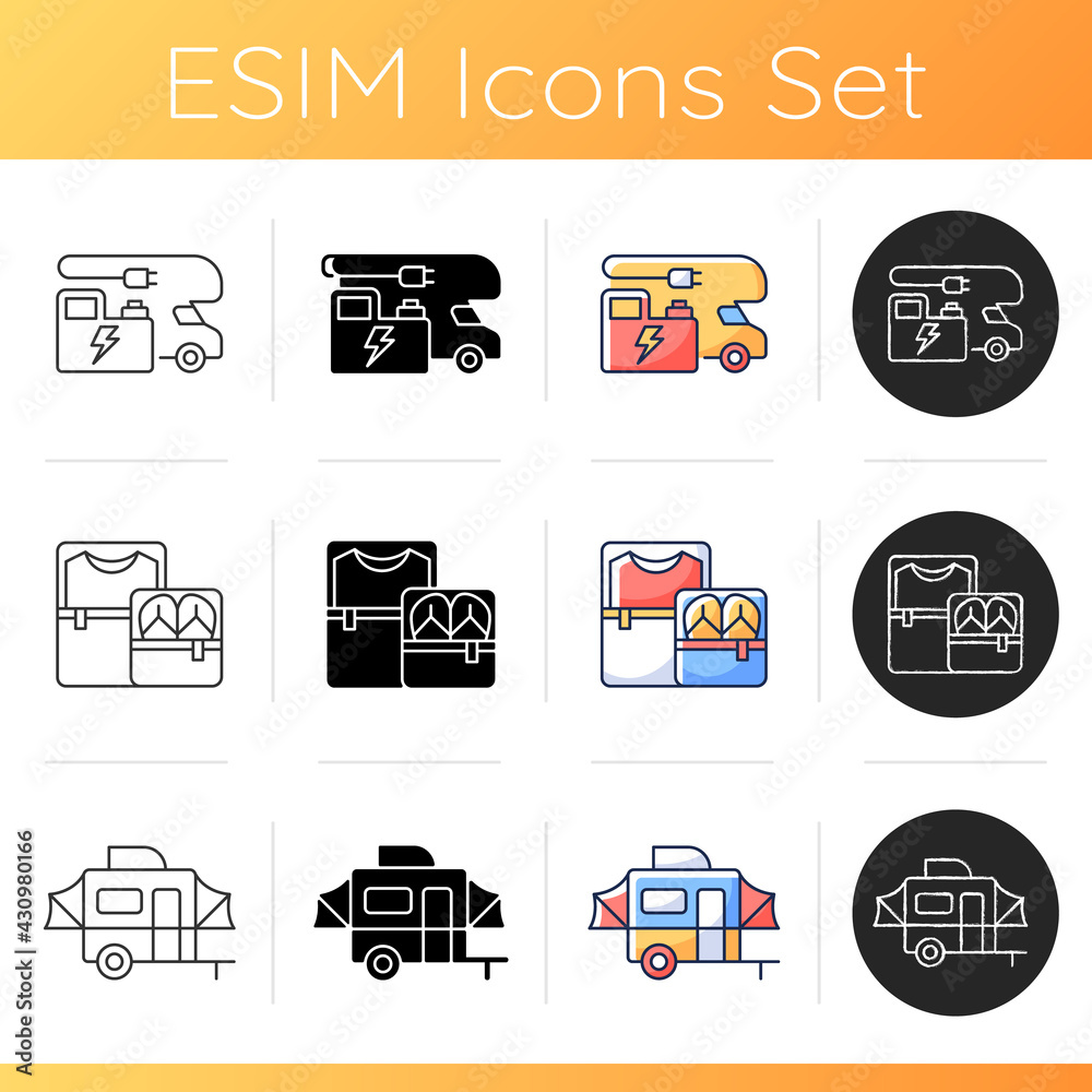 Nomadic lifestyle icons set. Power generation for trailer. Cubes for ...
