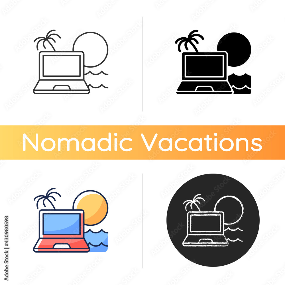 Digital nomad icon. Freelancer laptop. Remote job. Recreational trip ...
