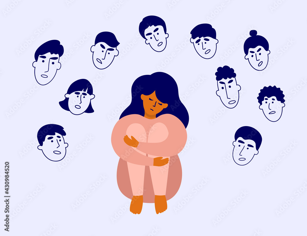 Sad girl surrounded by human heads with angry faces. Censure, crowd ...