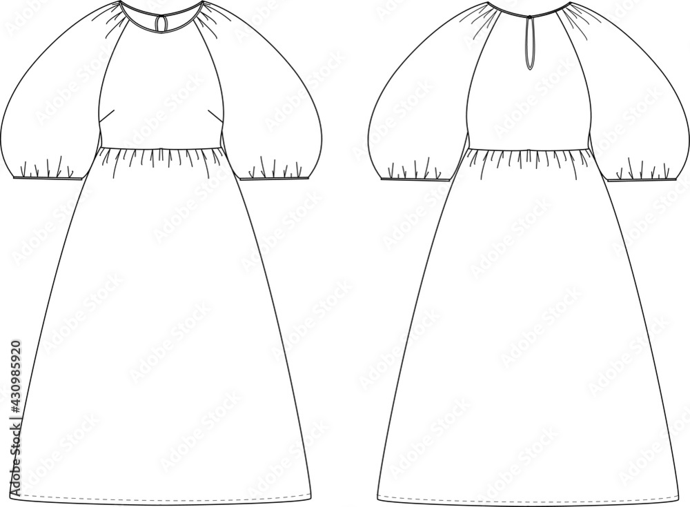 Dress vector illustration isolated, front and back view. Technical ...