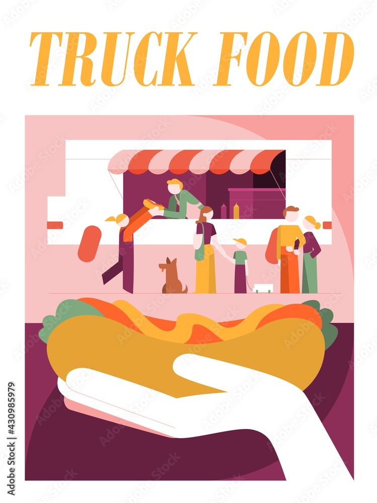 Food truck offering hot dogs and other popular food poster template ...
