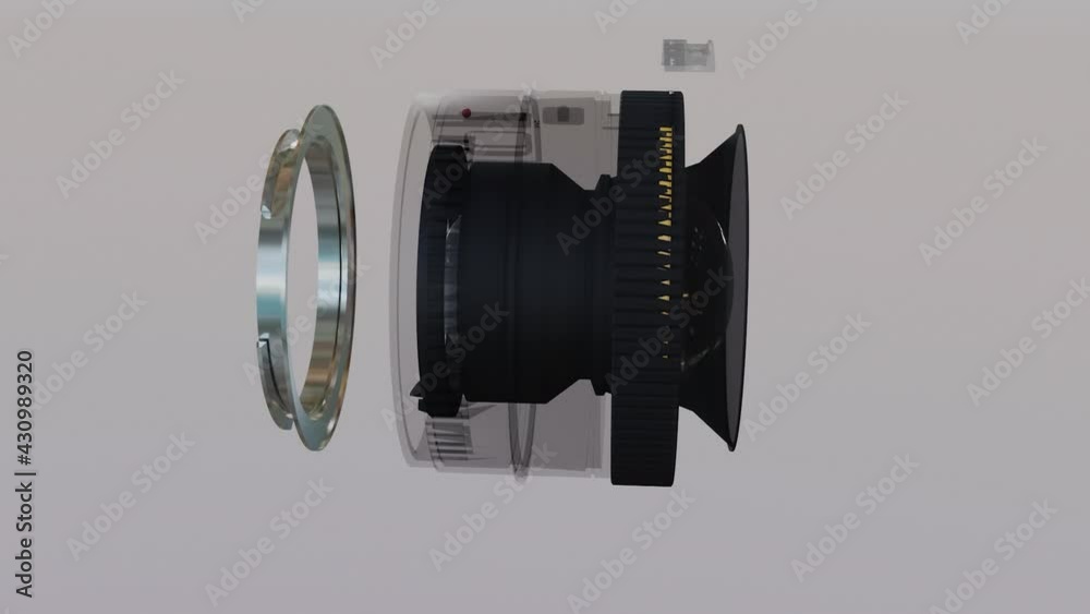 Presentation of DSLR camera lens. 50mm F1.4. Cross-section and lens ...