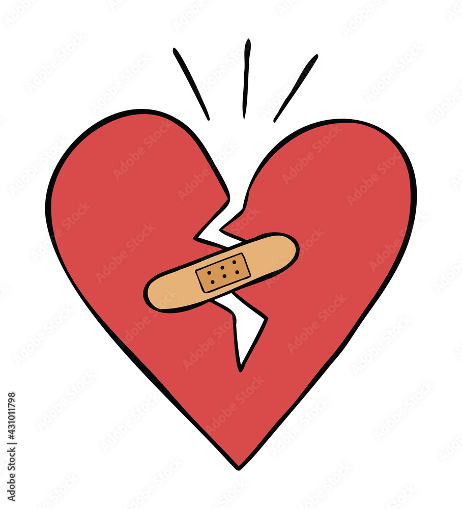 Cartoon vector illustration of broken heart and band-aid. Stock Vector ...