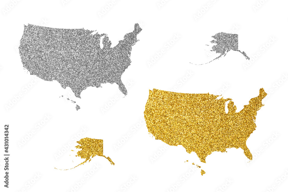 Bright USA patriotic clip art set. Map with glitter texture on white ...