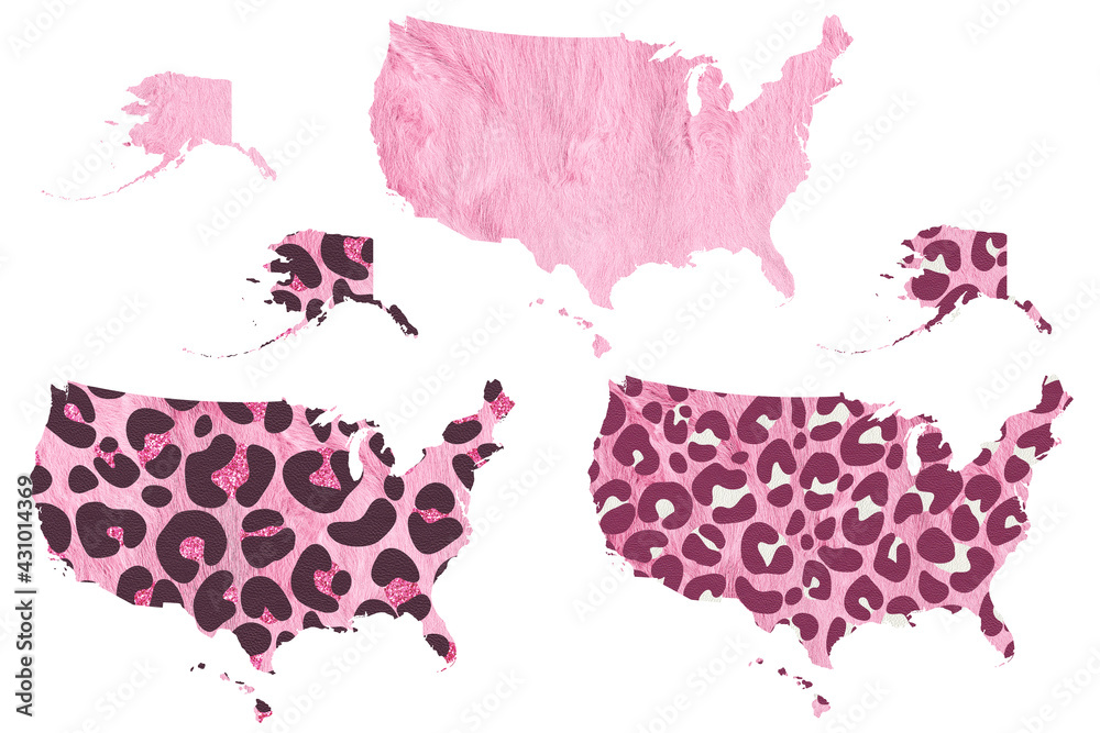 Bright pink USA patriotic clip art set. Map with furry leopard texture ...